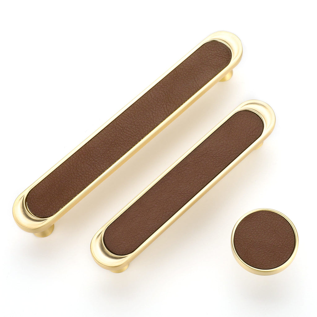 3.75" 5" Leather Handle Pulls，Brown Leather Drawer Pulls，Solid Brass K ...